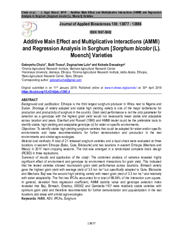 (PDF) Additive Main Effect and Multiplicative Interactions (AMMI) and Regression Analysis in ...