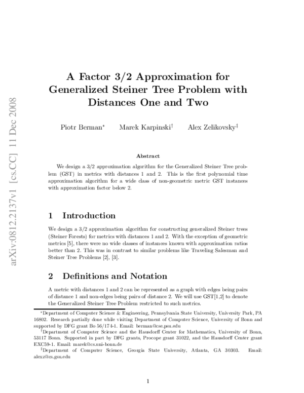 (PDF) A Factor 3/2 Approximation for Generalized Steiner Tree Problem with Distances One and Two