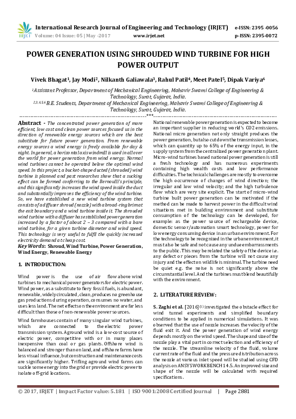 (PDF) Power Generation Using Shrouded Wind Turbine for High Power Output