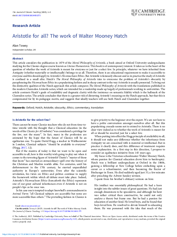 (PDF) Aristotle for all? The work of Walter Mooney Hatch