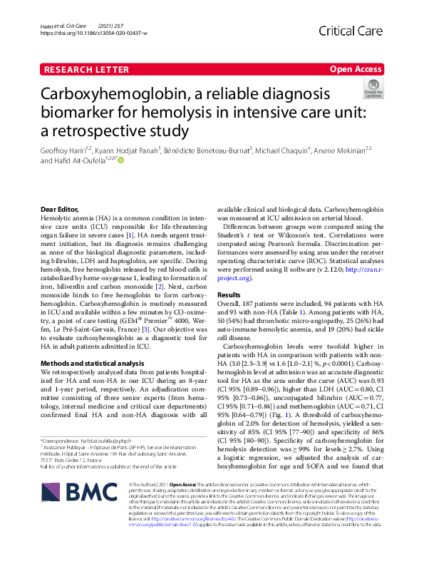 (PDF) Carboxyhemoglobin, a reliable diagnosis biomarker for hemolysis ...