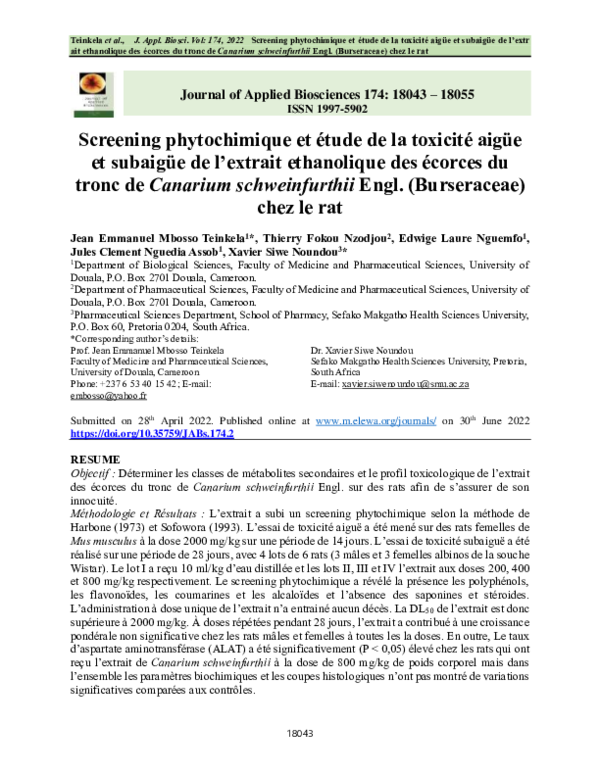 (PDF) Screening phytochimique et étude de la toxicité aigüe et subaigüe ...