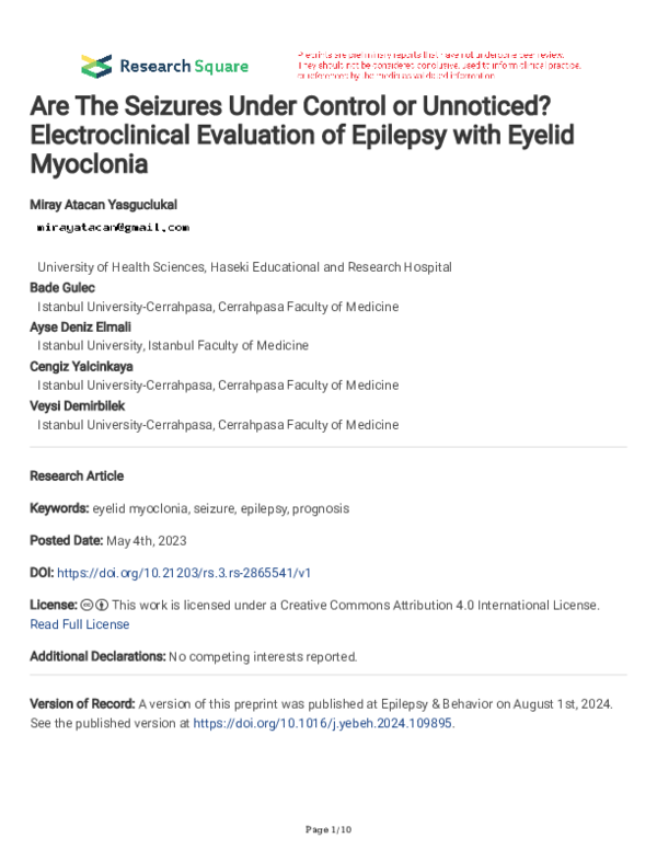 (PDF) Are The Seizures Under Control or Unnoticed? Electroclinical ...