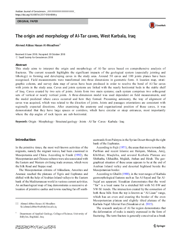 (PDF) The origin and morphology of Al-Tar caves, West Karbala, Iraq