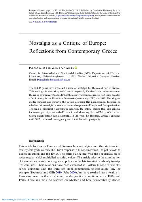 (PDF) Nostalgia as a Critique of Europe: Reflections from Contemporary ...