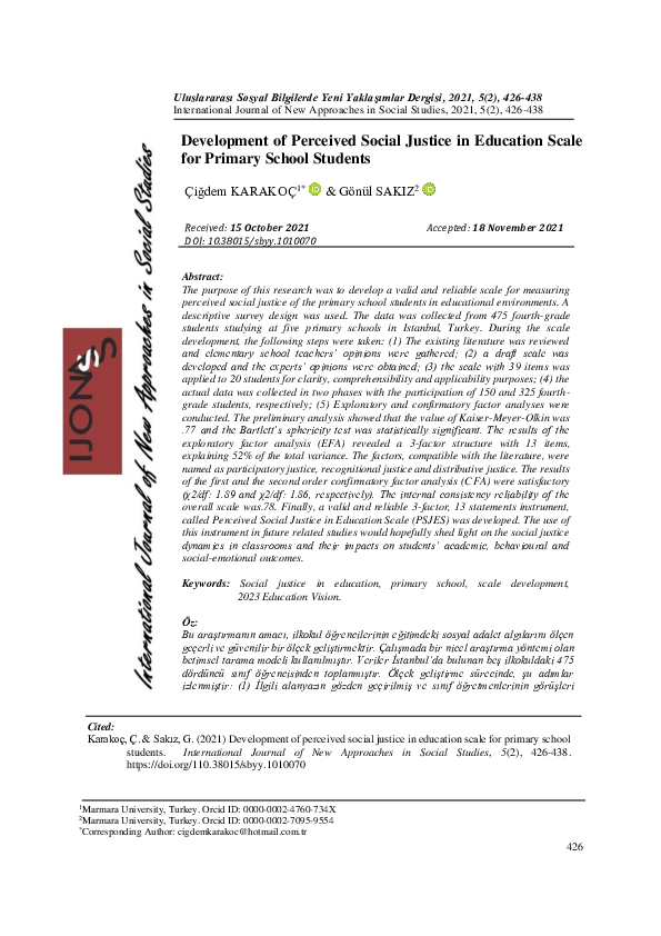 (PDF) Development of Perceived Social Justice in Education Scale for ...