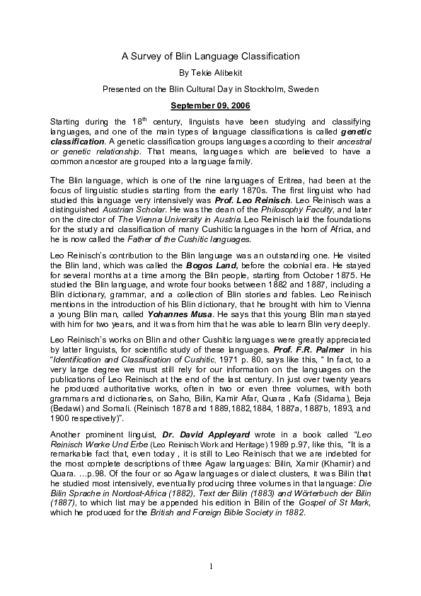 (PDF) A Survey of Blin Language Classification