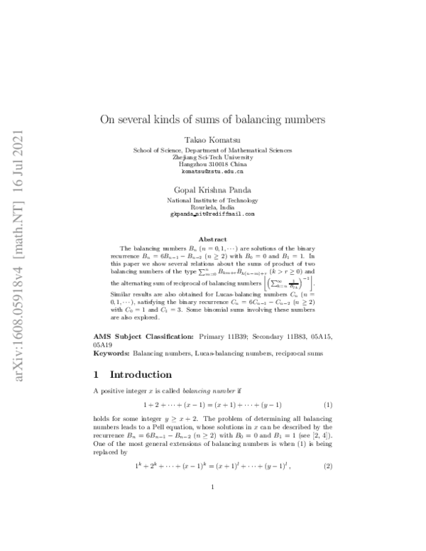 (PDF) On several kinds of sums of balancing numbers