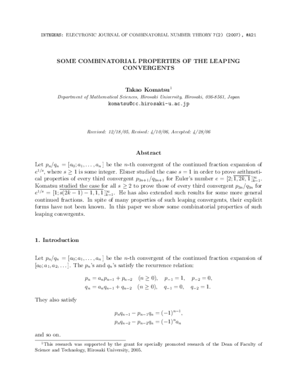 (PDF) Some combinatorial properties of the leaping convergents