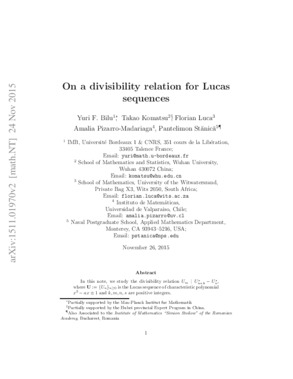 (PDF) On a divisibility relation for Lucas sequences