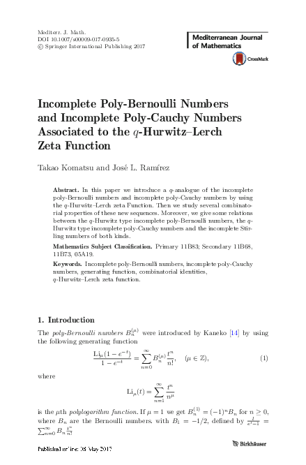 Pdf Incomplete Poly Bernoulli Numbers And Incomplete Poly Cauchy Numbers Associated To The Q