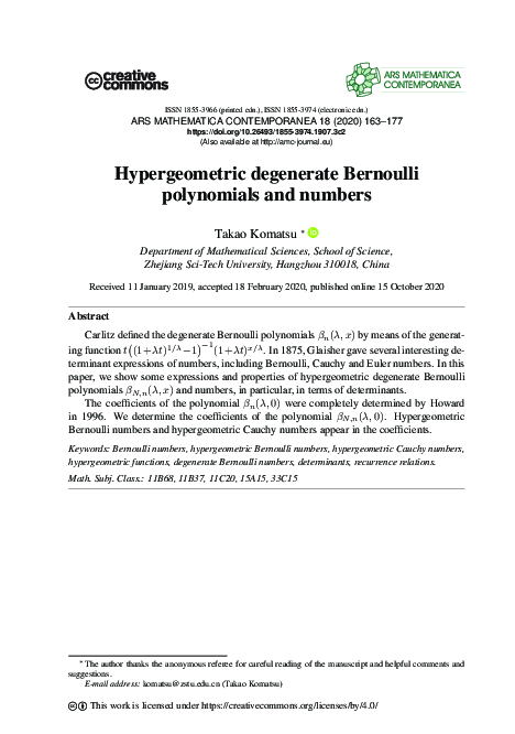 (PDF) Hypergeometric degenerate Bernoulli polynomials and numbers