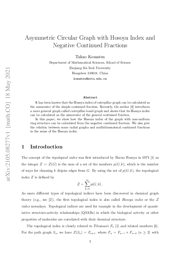 (PDF) Asymmetric circular graph with Hosoya index and negative continued fractions
