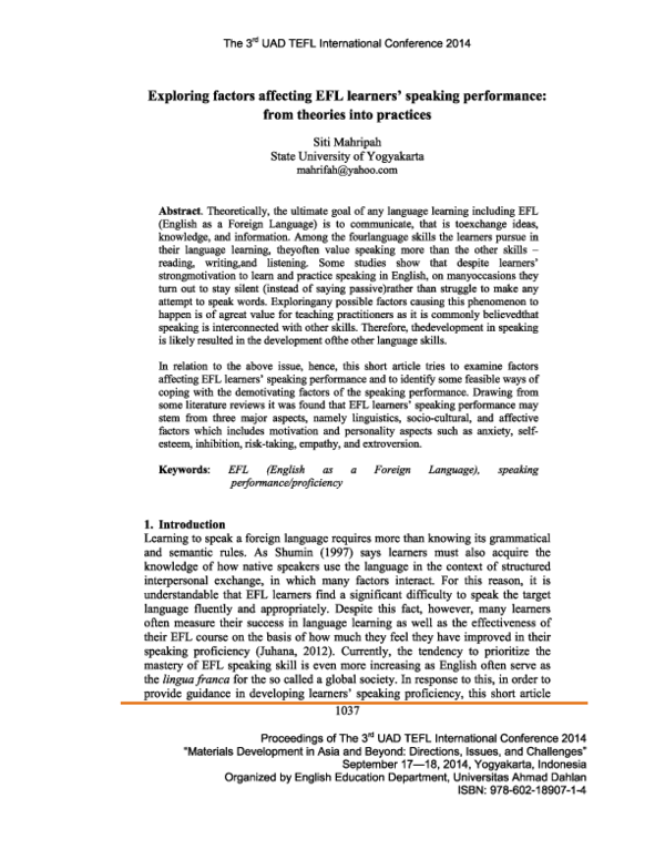 (PDF) Exploring Factors affecting EFL Learners' Speaking Performance: From Theories into Practices
