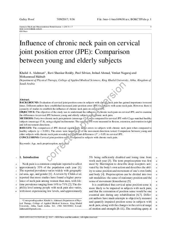 (PDF) Influence of chronic neck pain on cervical joint position error (JPE): Comparison between ...