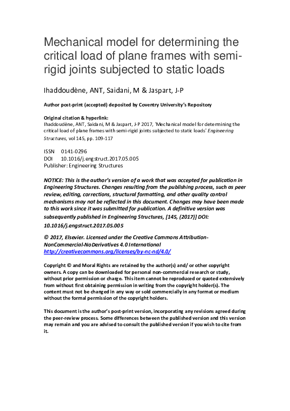 (PDF) Mechanical model for determining the critical load of plane frames with semi-rigid joints ...