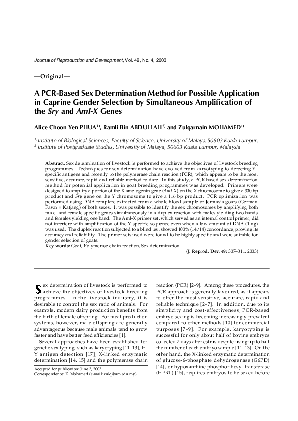 Pdf A Pcr Based Sex Determination Method For Possible Application In