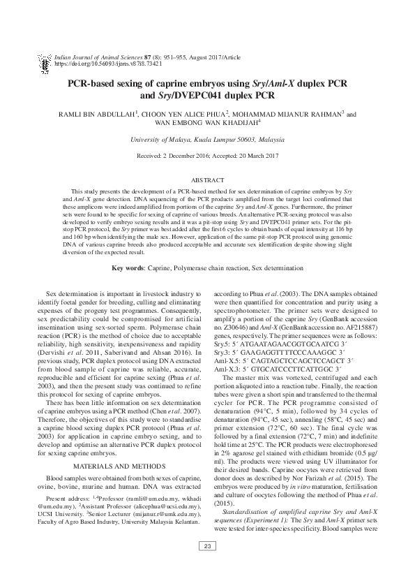 (PDF) PCR-based sexing of caprine embryos using Sry/Aml-X duplex PCR and Sry/DVEPC041 duplex PCR
