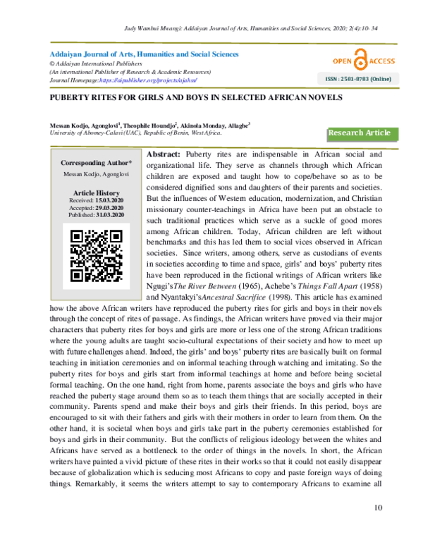 (PDF) PUBERTY RITES FOR GIRLS AND BOYS IN SELECTED AFRICAN NOVELS