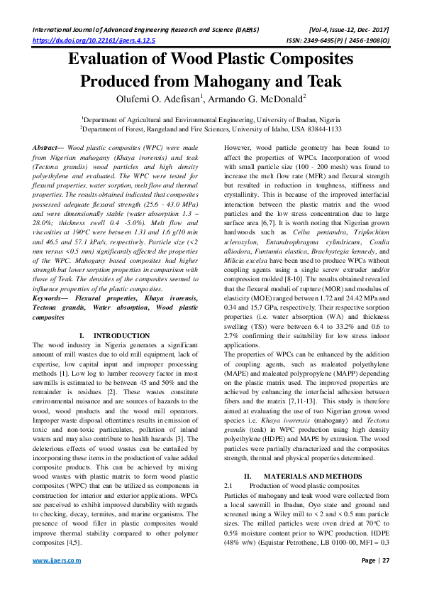 (PDF) Evaluation of Wood Plastic Composites Produced from Mahogany and Teak