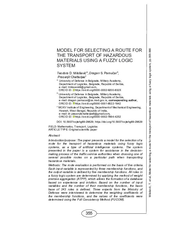 (PDF) Model for selecting a route for the transport of hazardous materials using a fuzzy logic ...