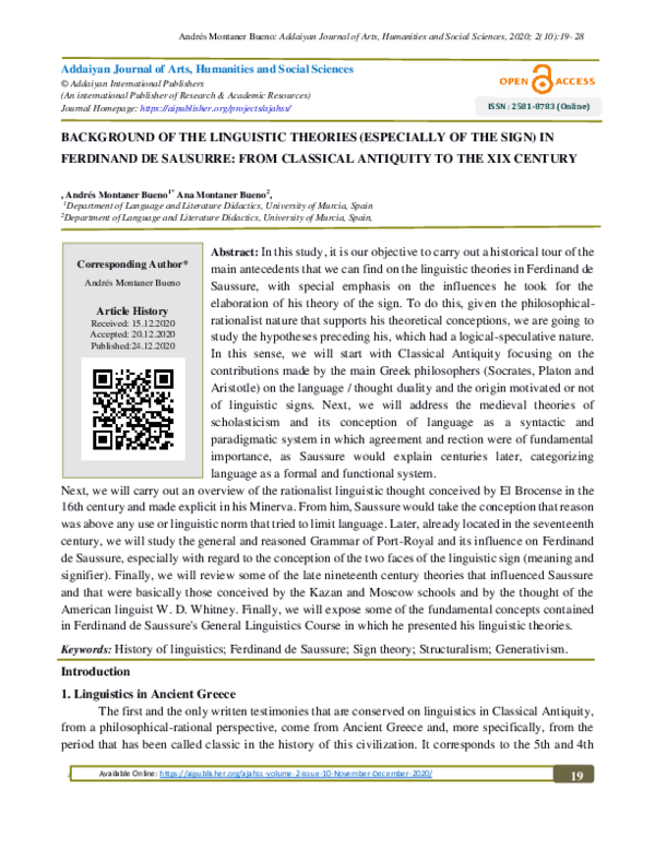 (PDF) BACKGROUND OF THE LINGUISTIC THEORIES (ESPECIALLY OF THE SIGN) IN FERDINAND DE SAUSURRE ...