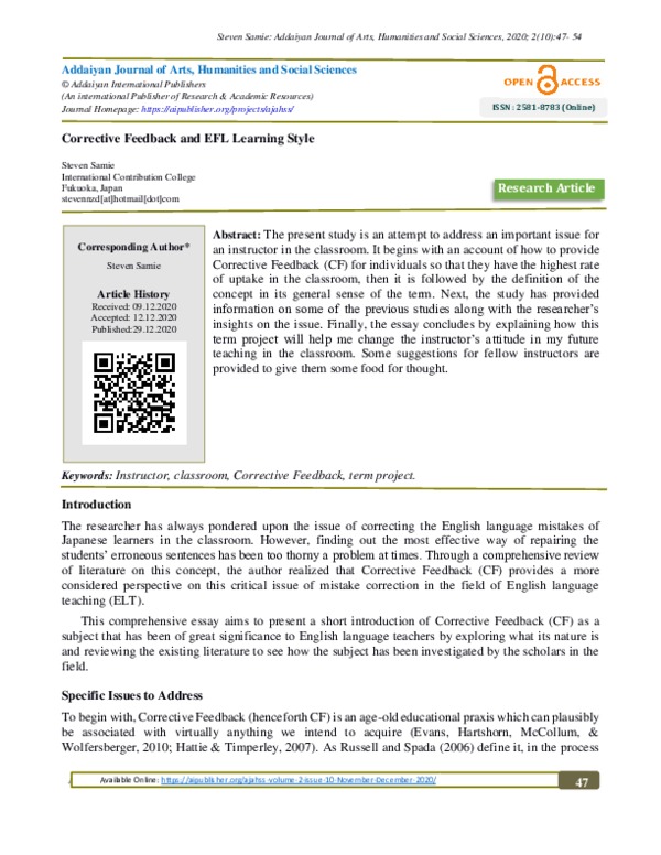 (PDF) Corrective Feedback and EFL Learning Style