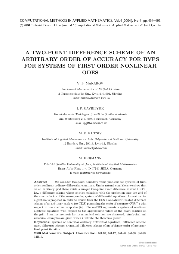 Pdf A Two Point Difference Scheme Of An Arbitrary Order Of Accuracy For Bvps For Systems Of