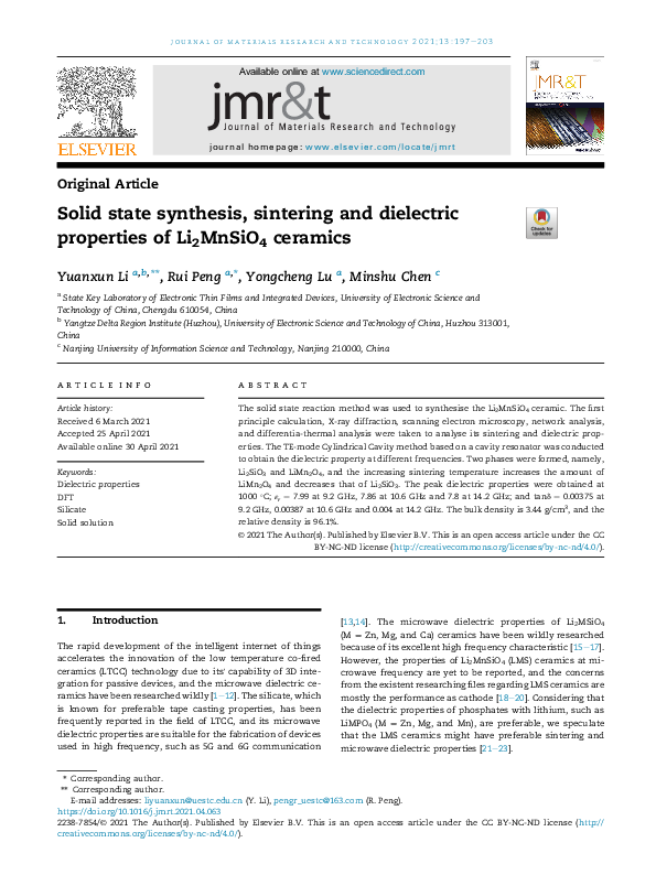(PDF) Solid state synthesis, sintering and dielectric properties of ...