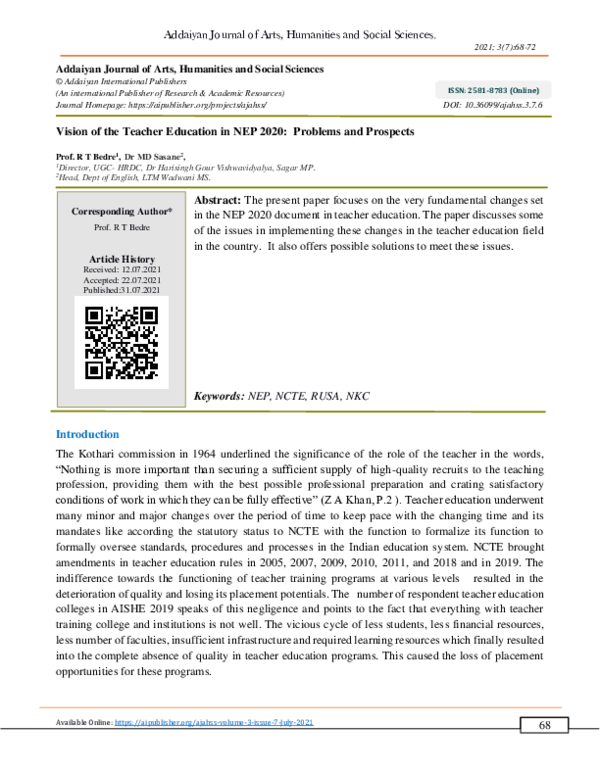 (PDF) Vision of the Teacher Education in NEP 2020: Problems and Prospects
