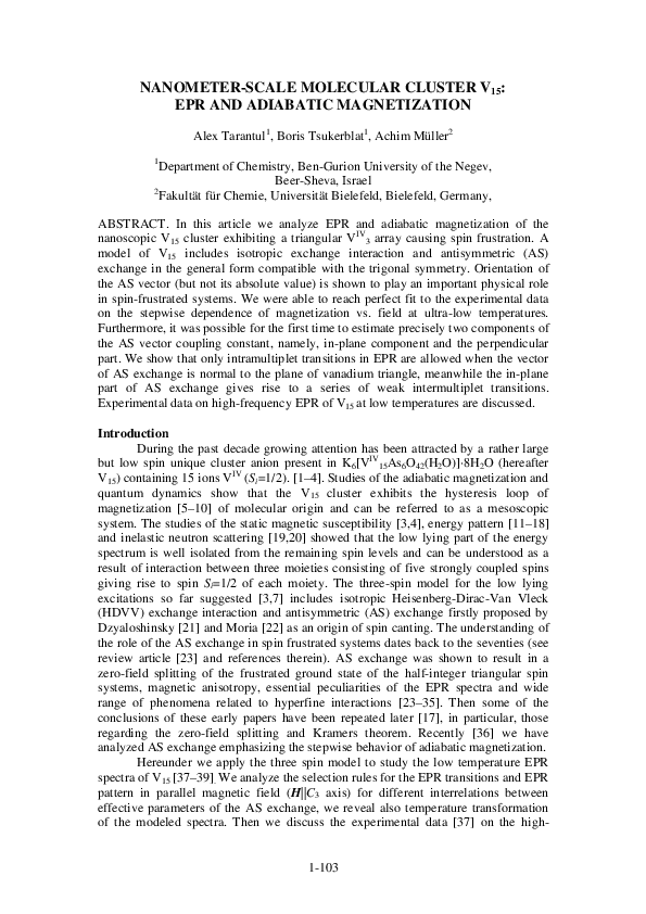 (PDF) Nanometer-Scale Molecular Cluster V15: Epr and Adiabatic ...