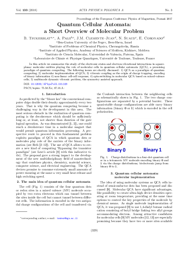 (PDF) Quantum Cellular Automata and Molecular Cells