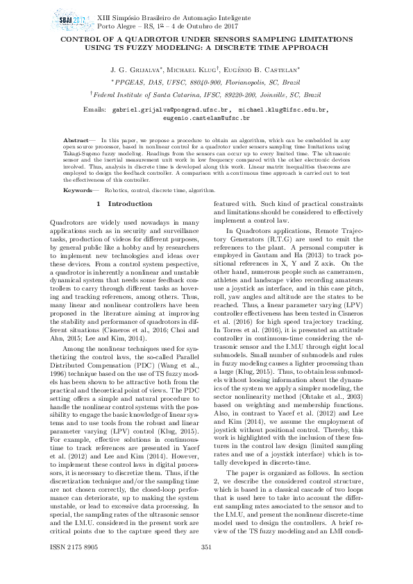 (PDF) Control of a Quadrotor Under Sensors Sampling Limitations Using TS Fuzzy Modeling : A ...