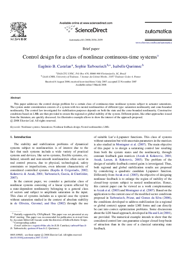 Pdf Control Design For A Class Of Nonlinear Continuous Time Systems
