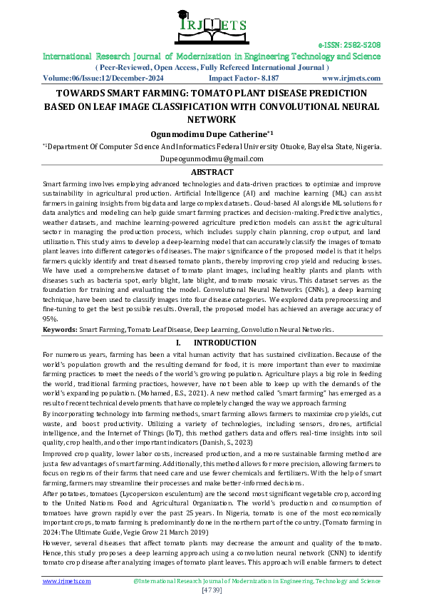 Pdf Towards Smart Farming Tomato Plant Disease Prediction Based On Leaf Image Classification