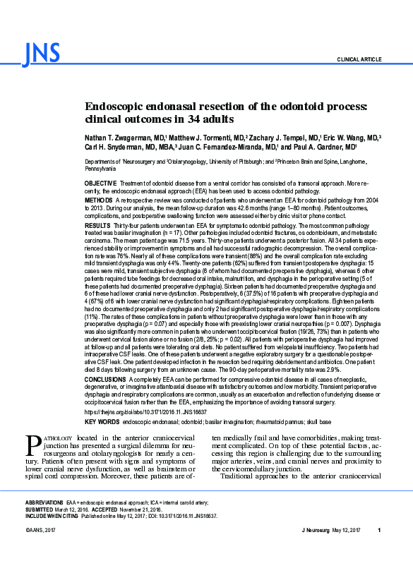 (PDF) Endoscopic Endonasal Resection of the Odontoid Process as a ...