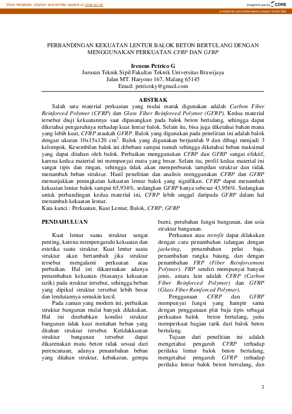 (PDF) Perbandingan Kekuatan Lentur Balok Beton Bertulang Dengan Menggunakan Perkuatan CFRP Dan GFRP