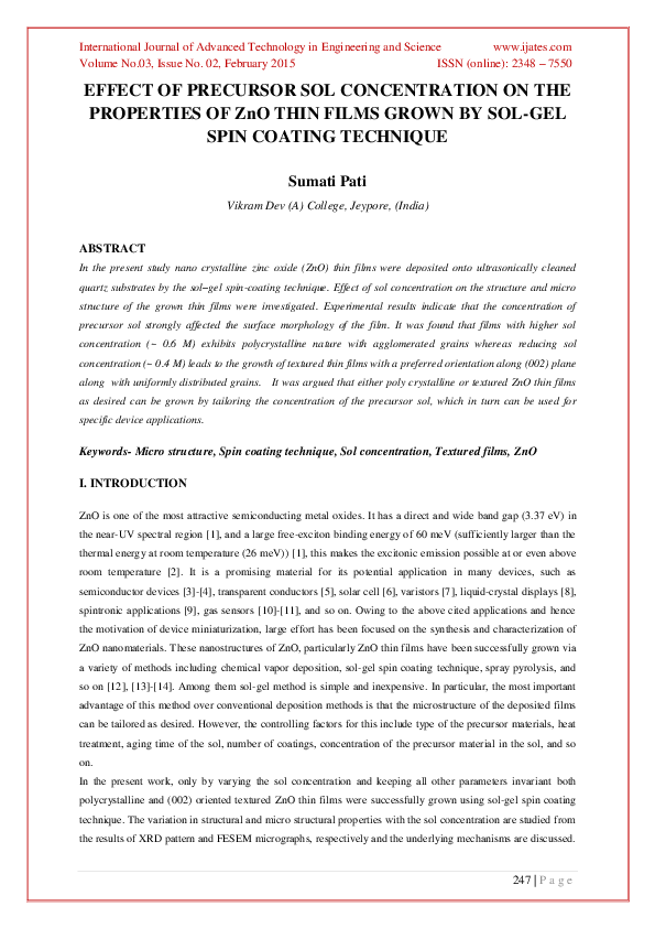 (PDF) EFFECT OF PRECURSOR SOL CONCENTRATION ON THE PROPERTIES OF ZnO THIN FILMS GROWN BY SOL-GEL ...