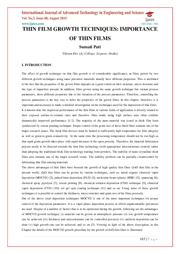 (PDF) Thin Film Growth Techniques: Importance of Thin Films