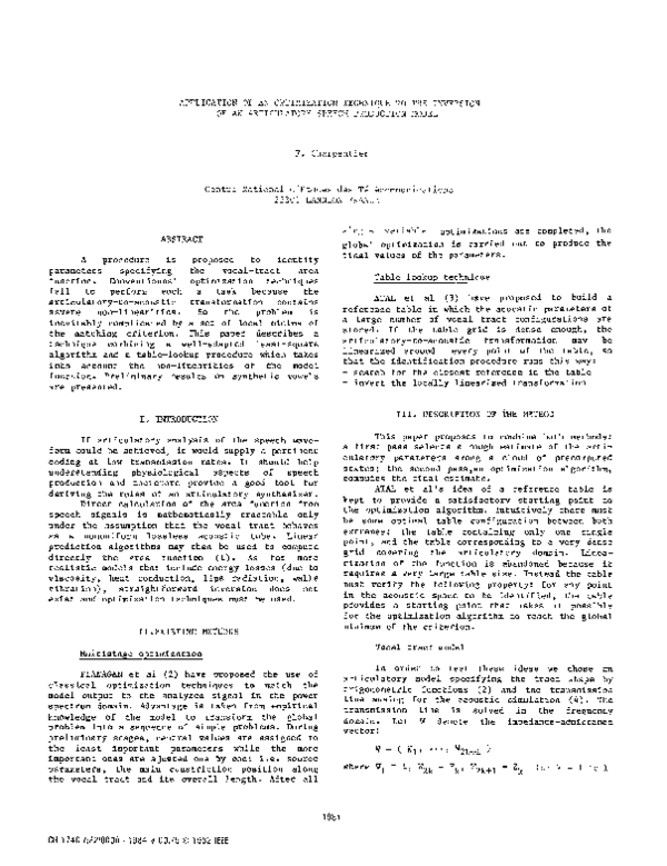 (PDF) Application of an optimization technique to the inversion of an articulatory speech ...