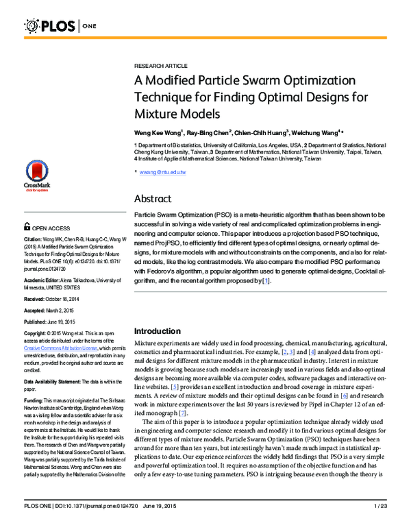 (PDF) A Modified Particle Swarm Optimization Technique for Finding Optimal Designs for Mixture ...