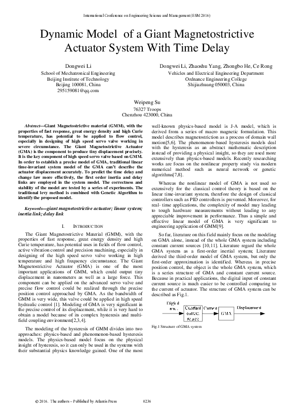 Dynamic Model Of A Giant Magnetostrictive Actuator System With Time Delay