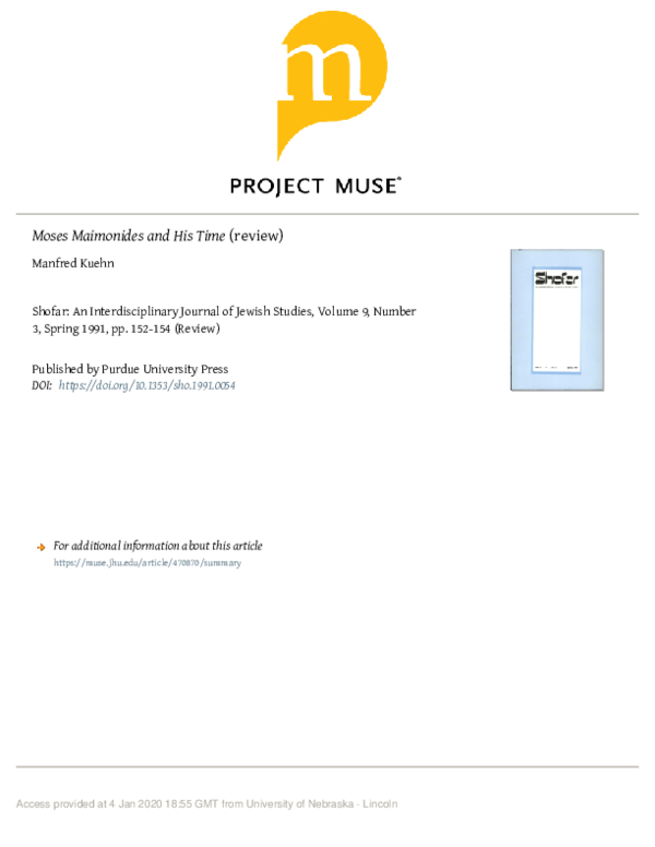 (PDF) Moses Maimonides and His Time (review)