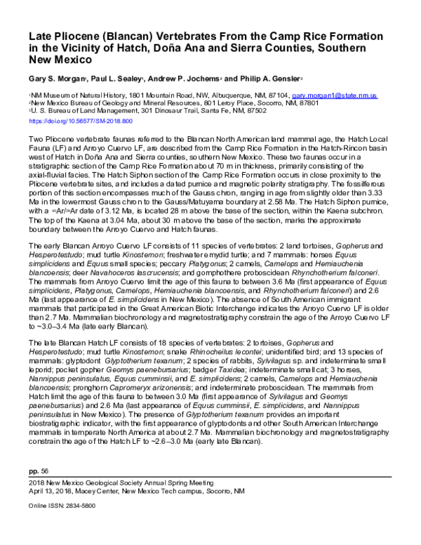 (PDF) Late Pliocene (Blancan) Vertebrates From the Camp Rice Formation ...