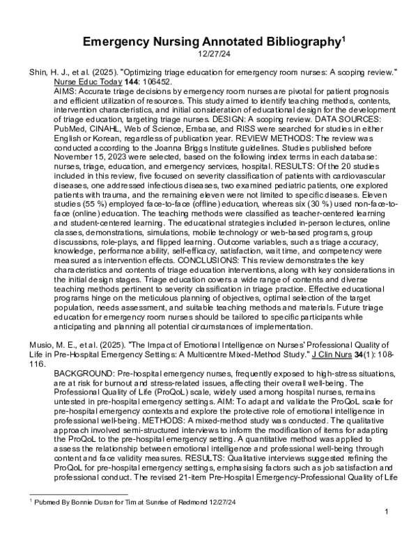 (PDF) Emergency Nursing Annotated Bibliography 1