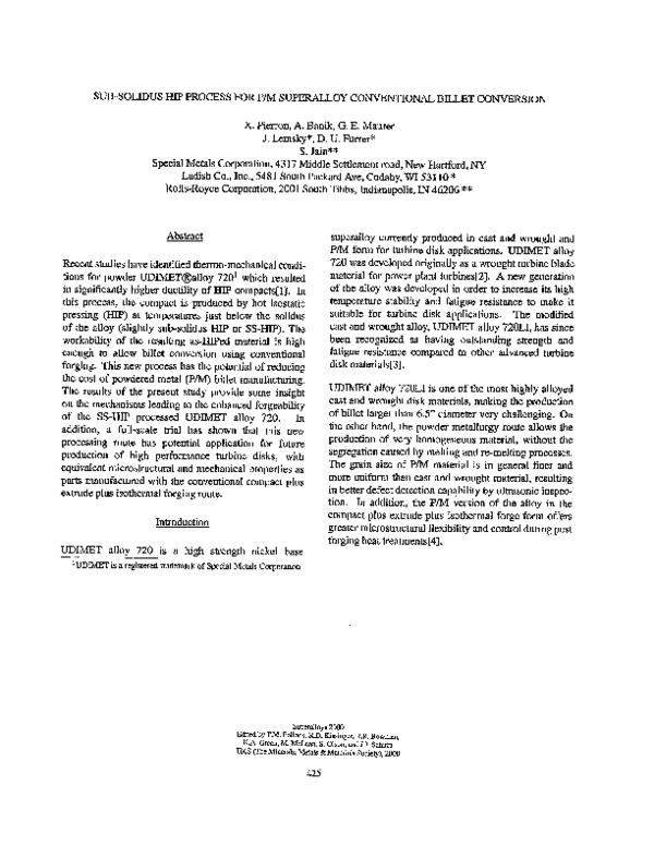 (PDF) Sub-Solidus HIP Process for P/M Superalloy Conventional Billet ...