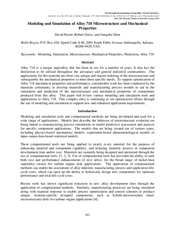 (PDF) Modeling and Simulation of Alloy 718 Microstructure and Mechanical Properties
