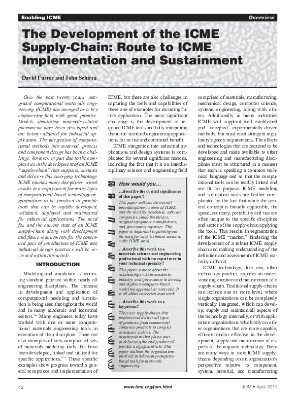 (PDF) The development of the ICME supply-chain: Route to ICME implementation and sustainment