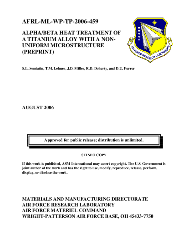 (PDF) Alpha/Beta Heat Treatment of a Titanium Alloy with a Nonuniform ...