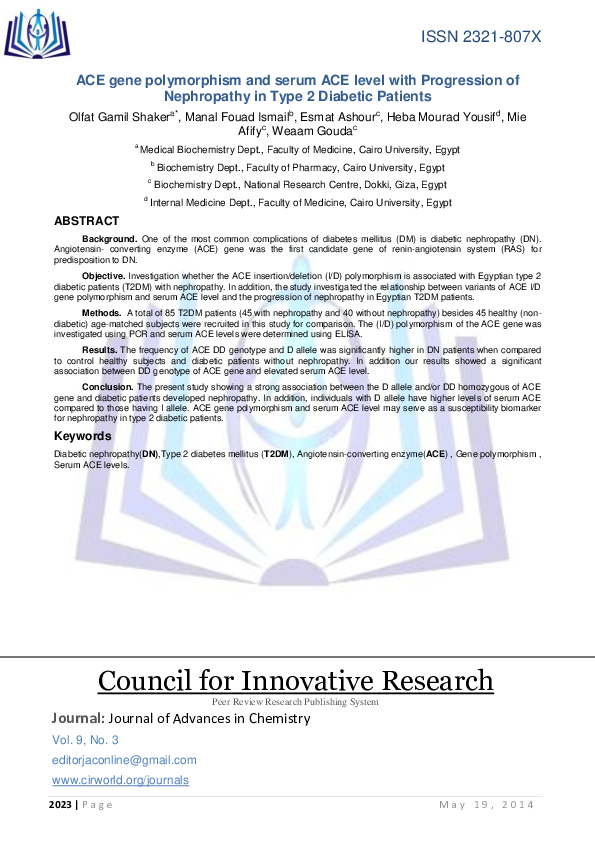 (PDF) ACE gene polymorphism and serum ACE level with Progression of ...